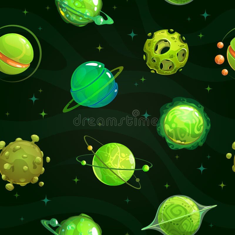 Seamless Pattern with Fantasy Green Planets on Space Baclground. Stock ...