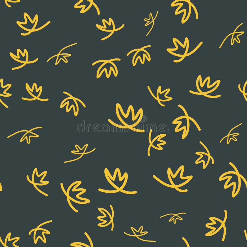 Seamless Pattern, Fantasy Plant Leaf Yellow on Dark, Vector ...