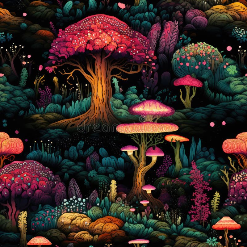 Seamless Pattern of Fantasy Trees and Mushrooms. Stock Photo - Image of ...