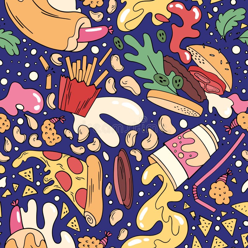 Seamless Pattern with Fast Food Flying in Space, Sauce Splashes in ...