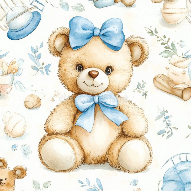 This Seamless Pattern Features a Cute Teddy Bear, a Few Playing Balls ...