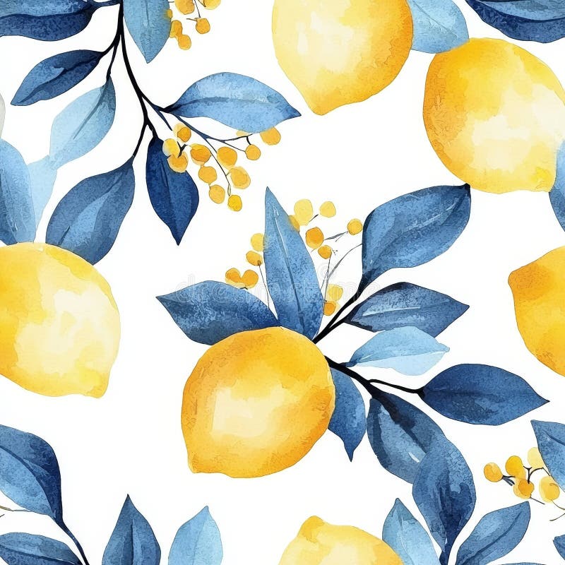 This Seamless Pattern Features Hand Drawn Watercolor Lemons and Blue ...