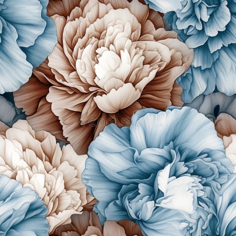 Blue and Brown Peony Flower Tulle Seamless Pattern Illustration Stock ...