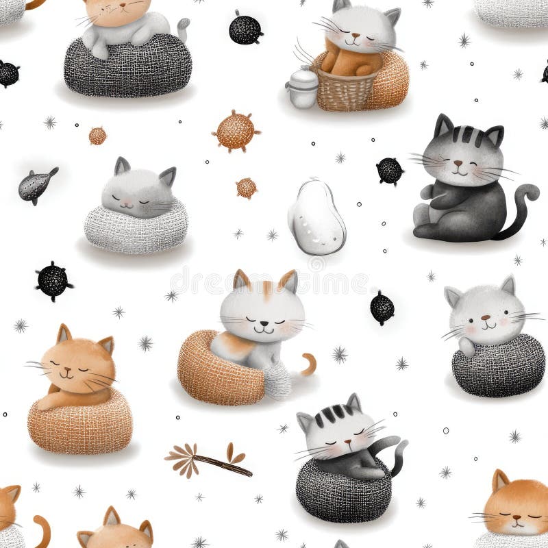 A Seamless Pattern Featuring Adorable Pastel Cats and Fish, Designed ...
