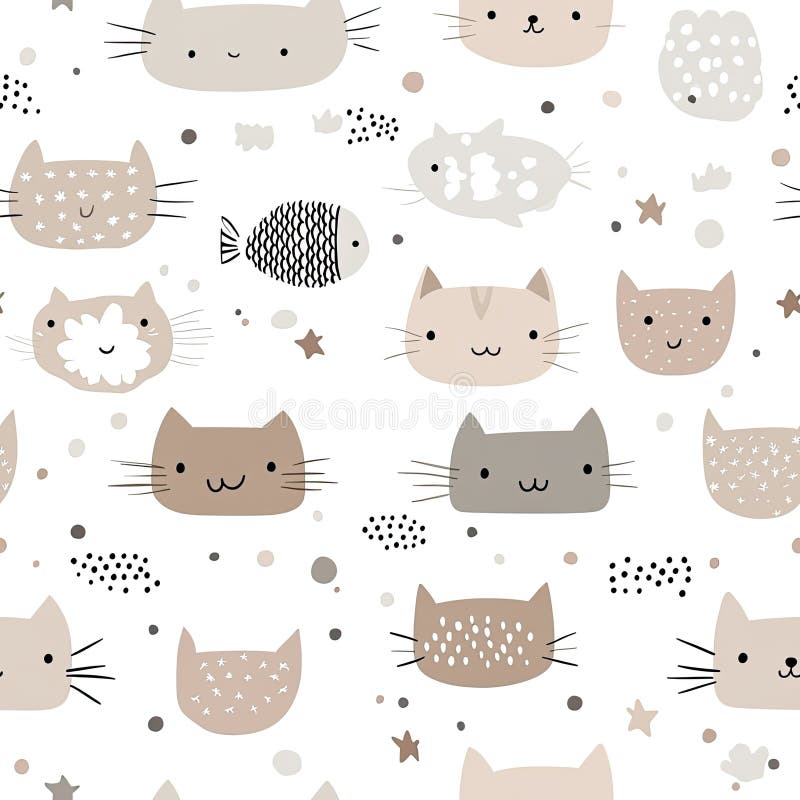A Seamless Pattern Featuring Adorable Pastel Cats and Fish, Designed ...