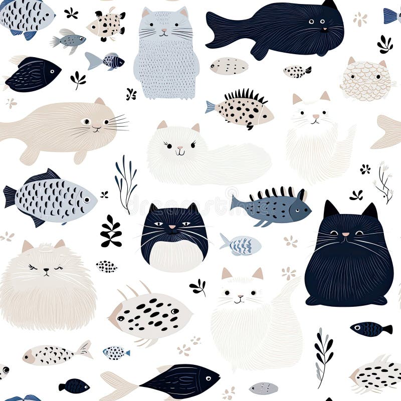 A Seamless Pattern Featuring Adorable Pastel Cats and Fish, Designed ...