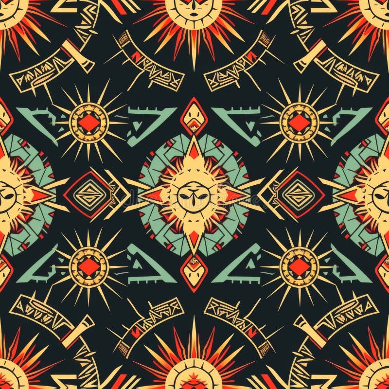 Seamless Pattern Featuring Aztec Sun Warriors and Tribal Geometry, Set ...