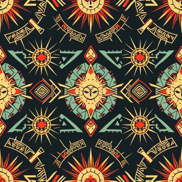 Seamless Pattern Featuring Aztec Sun Warriors and Tribal Geometry, Set ...