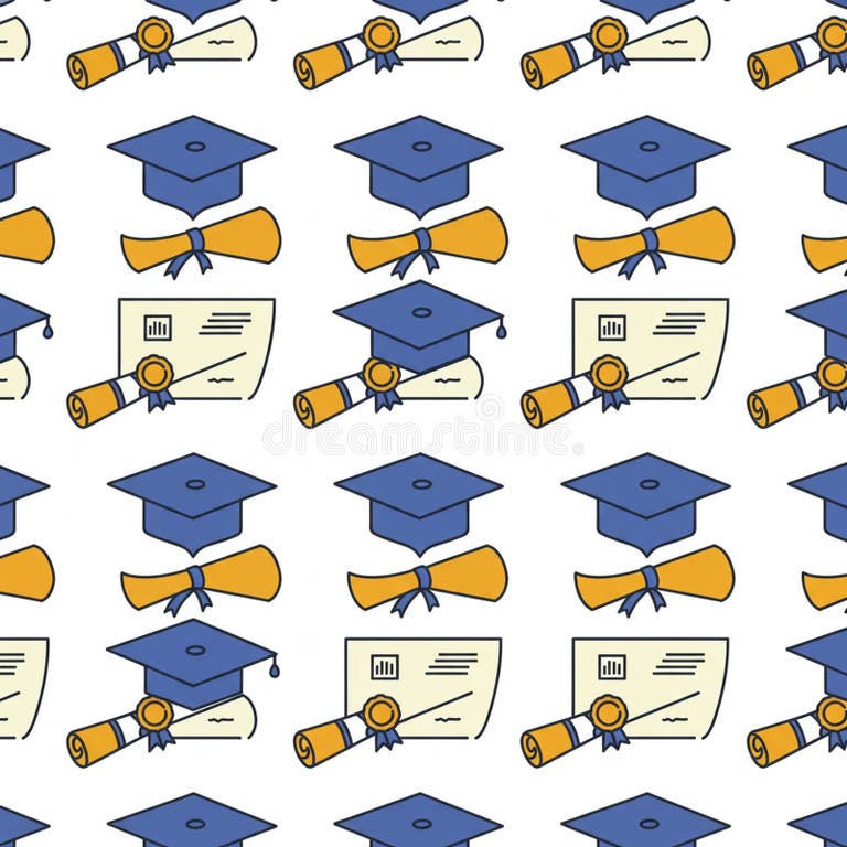 Seamless Pattern Featuring Blue Graduation Caps, Rolled Diplomas, and ...