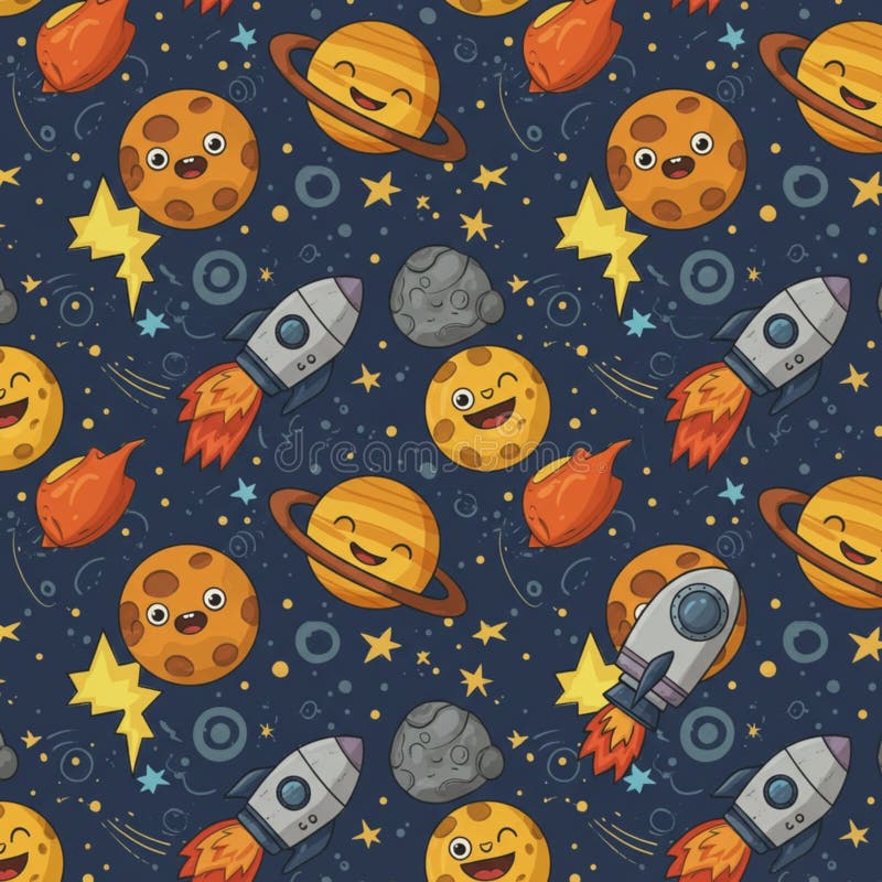 Seamless Pattern Featuring Cartoon Space Elements on a Dark Blue ...