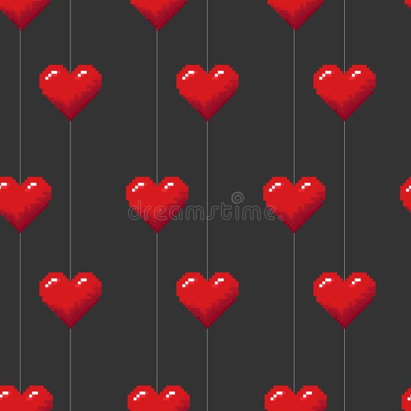 A Seamless Pattern Featuring Classic Red Pixel Heart Icons on a Dark ...