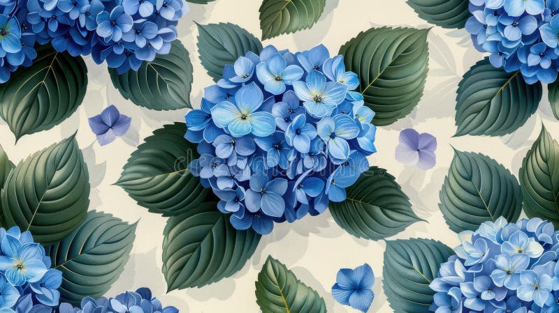 Blue Hydrangea Floral Pattern with Vibrant Leaves on a Light Background ...
