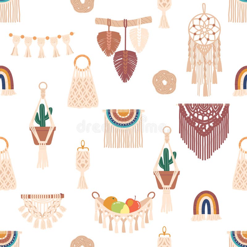Seamless Pattern Featuring Collection of Macrame Items. Tile Background ...