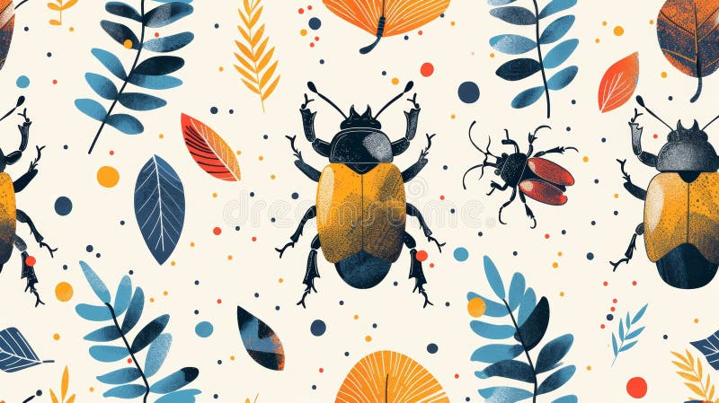 A Seamless Pattern Featuring Colorful Beetles and Leaves on a White ...