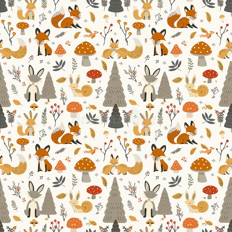 A Seamless Pattern Featuring Cute Forest Animals Like Foxes, Rabbits ...