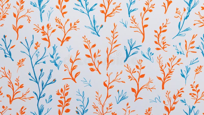 Seamless Pattern Featuring Delicate Orange and Blue Floral Branches on ...