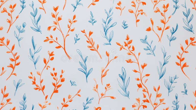 Seamless Pattern Featuring Delicate Orange and Blue Floral Branches on ...