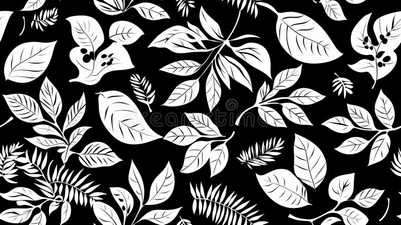 Seamless Pattern Featuring Elegant White Leaves on Black Background ...