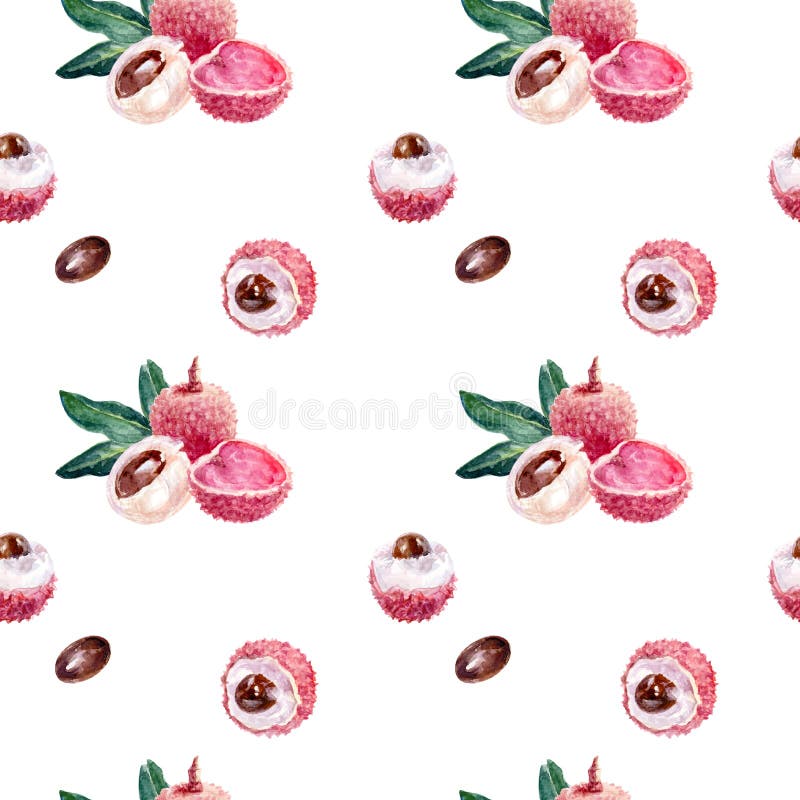 Watercolor Illustration of Fresh Lychee Fruit in a Seamless Pattern ...