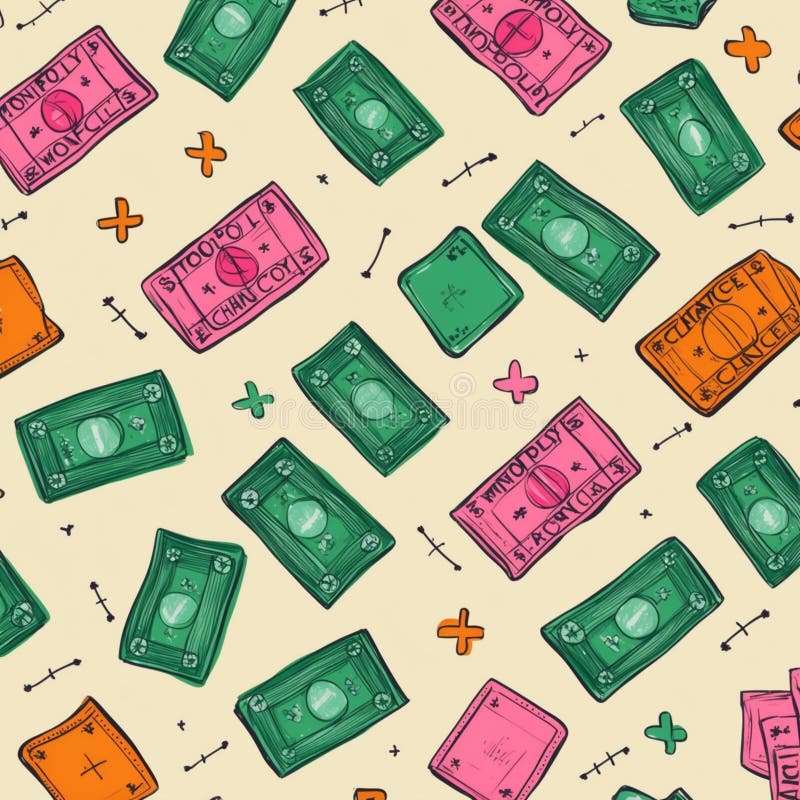 Monopoly Money and Cards Pattern Stock Illustration - Illustration of ...