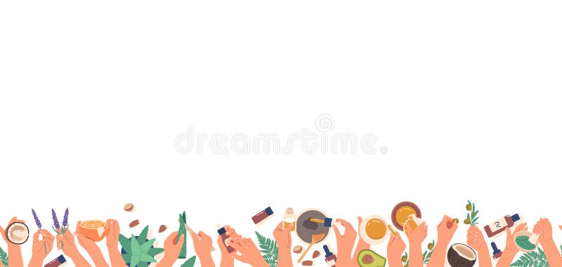 Seamless Pattern Featuring Hands Crafting Natural Oils. Horizontal ...