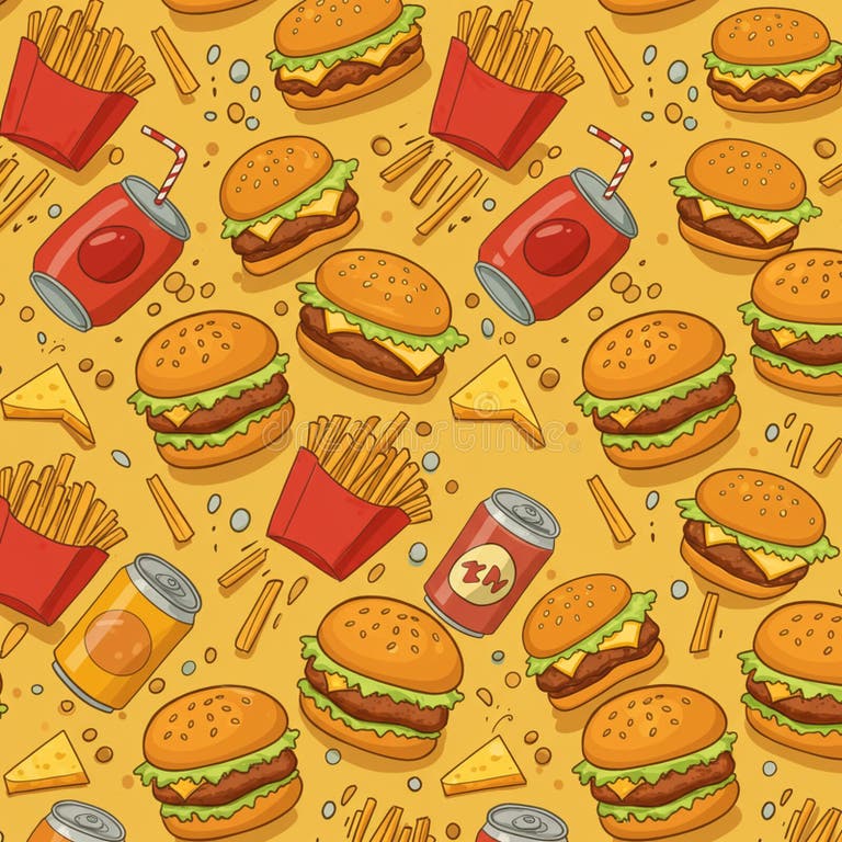 Seamless Pattern Featuring Illustrated Fast Food Items on a Yellow ...