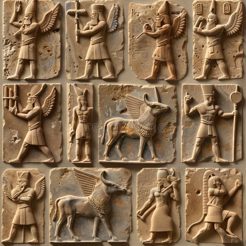 Ancient Assyrian and Babylonian Bas-relief Carvings Stock Illustration ...