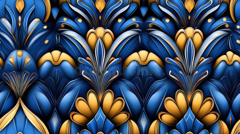 Seamless Pattern Featuring Intricate Floral Designs in Blue and Gold ...