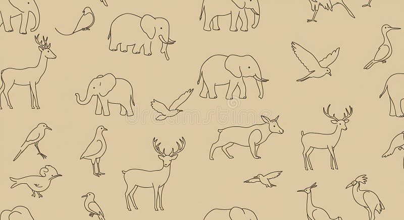 Seamless Pattern Featuring Line Drawings of Various Animals, Including ...