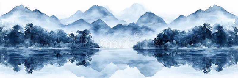 A Seamless Pattern Featuring Misty Mountains and Pine Trees in Black ...