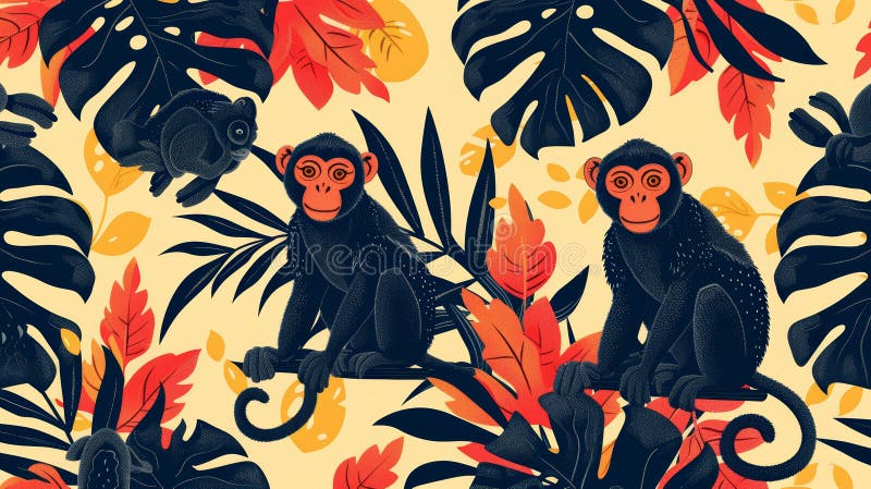 A Seamless Pattern Featuring Monkeys and Tropical Leaves on a Yellow ...