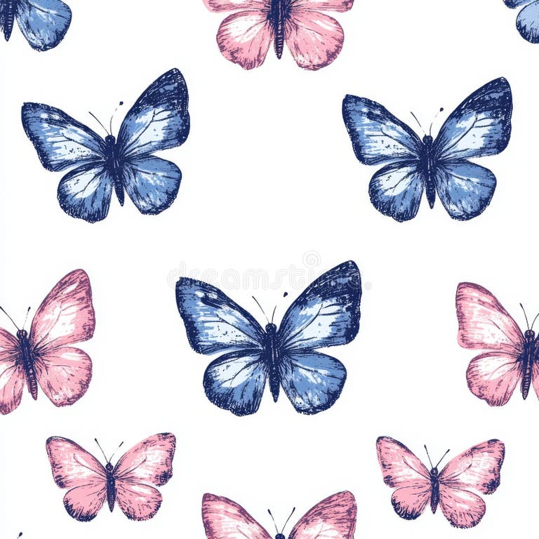 A Seamless Pattern Featuring Pink and Blue Floral and Shell Line Art on ...
