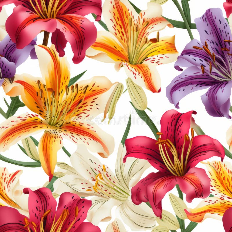 Colorful Lily Flower Pattern on White Background Stock Illustration ...