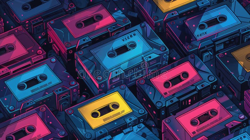 Seamless Pattern Featuring Rows of VHS Tapes with Oversized Stylized ...