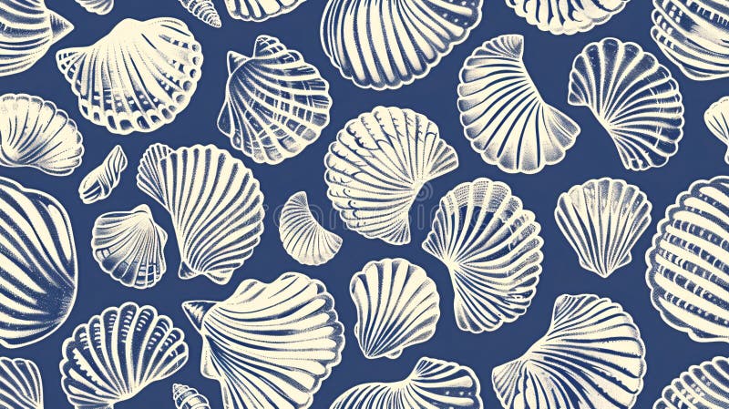 Seashell Line Drawings Seamlessly Patterned on a Deep Blue Background ...