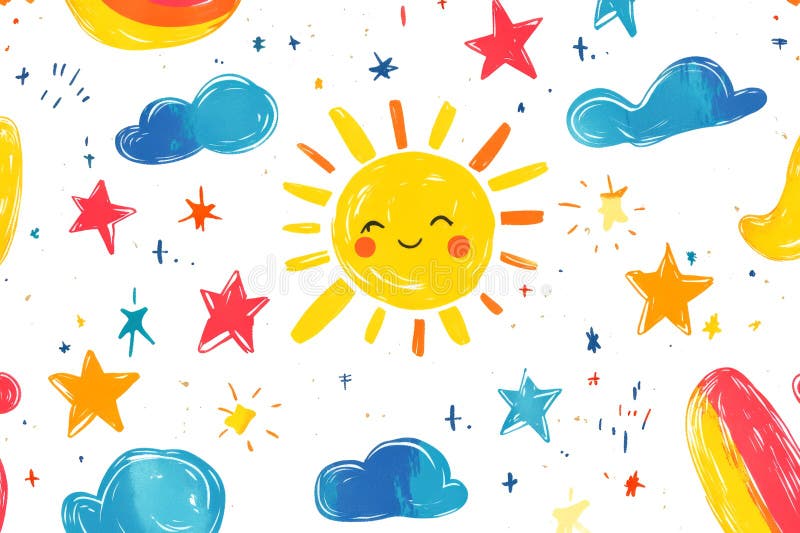 Seamless Pattern Featuring a Smiling Sun, Colorful Stars, and Clouds ...