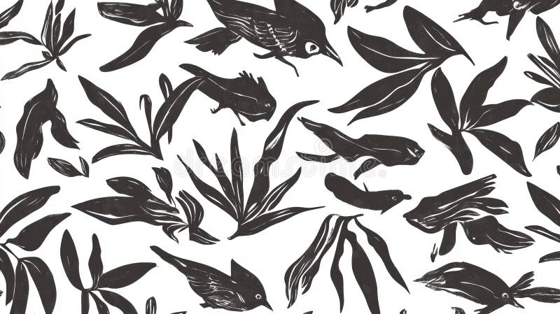 Monochromatic Botanical & Aquatic Print Stock Illustration ...