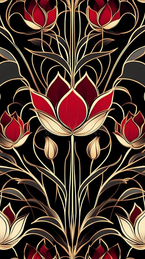 Seamless Pattern with Stylized Flowers in Red Gold and Black Art Deco ...