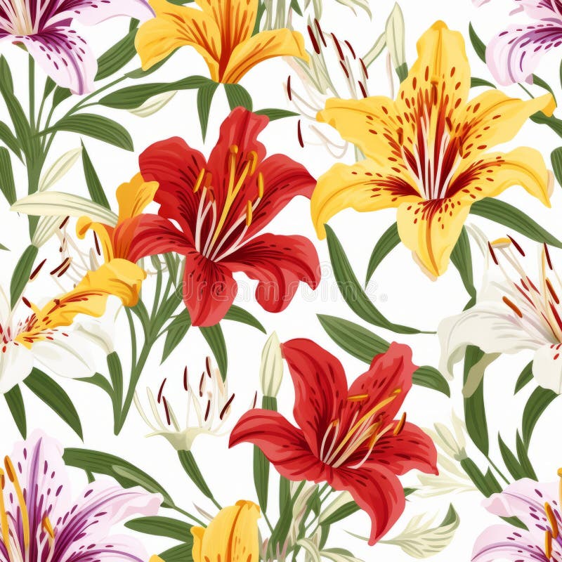 Colorful Lily Seamless Pattern on White Background Stock Illustration ...