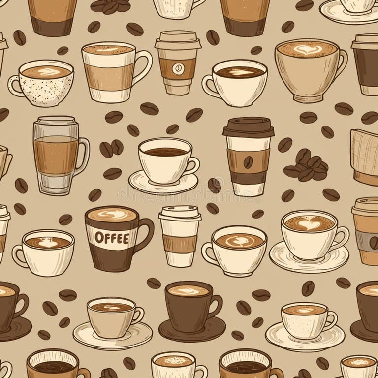 Seamless Pattern Featuring Various Coffee Cups and To-go Coffee ...