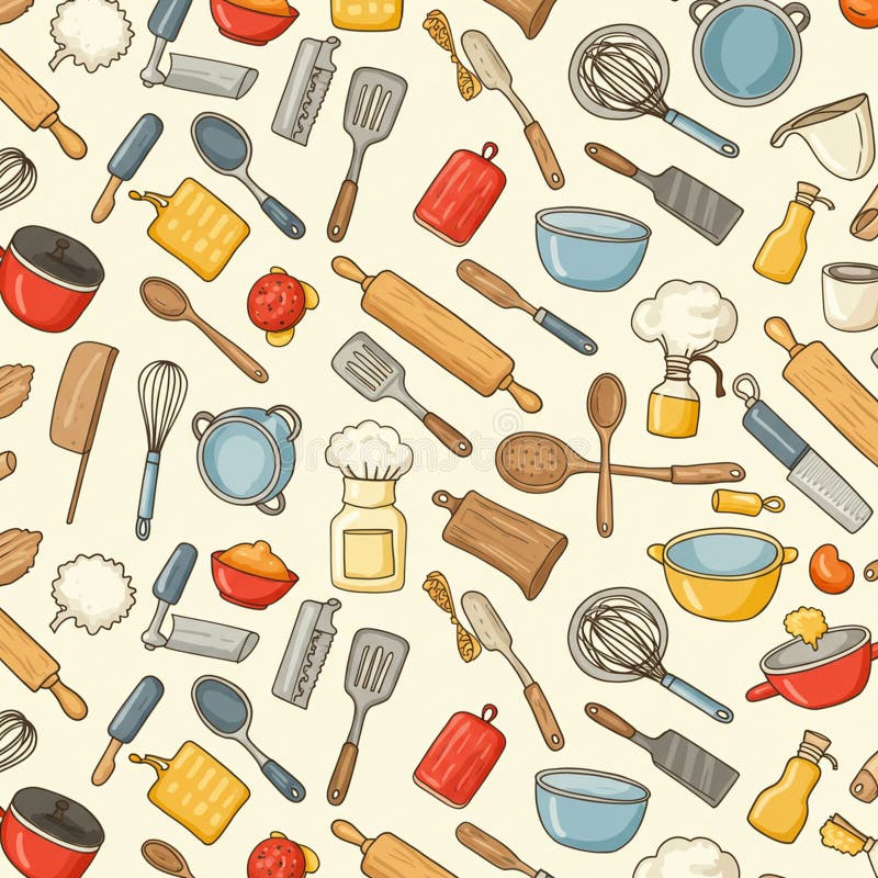 Seamless Pattern Featuring Various Kitchen Utensils and Cookware ...