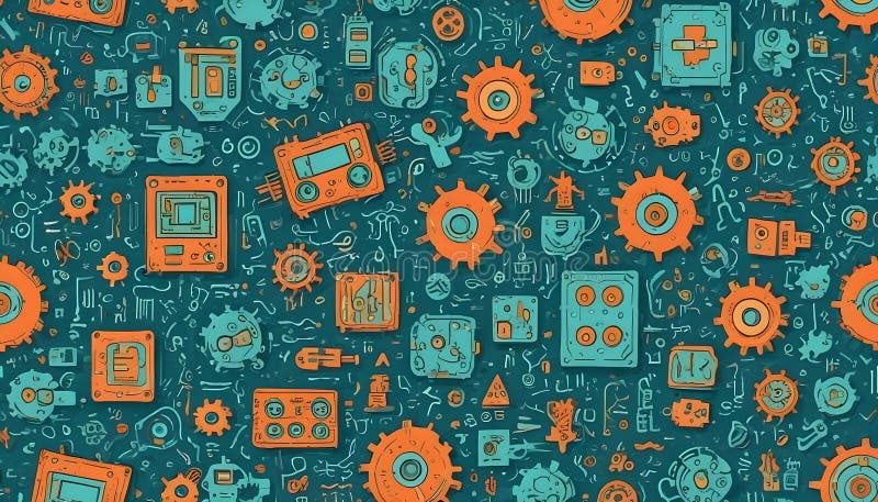 A Seamless Pattern Featuring Various Machine Parts, Including Gears ...