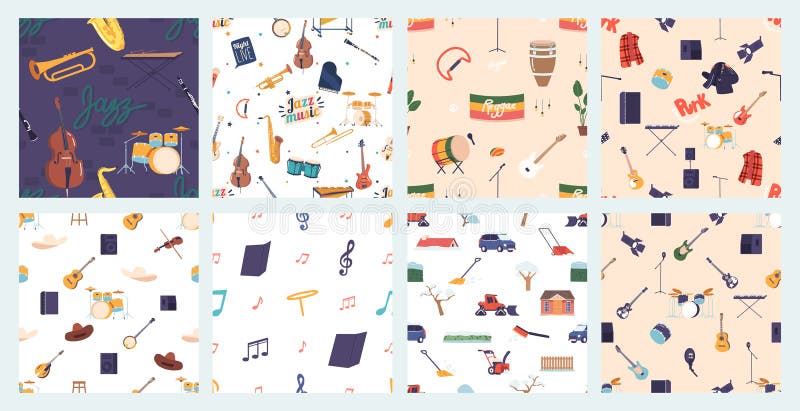 Collection of Seamless Patterns Featuring Musical Instruments and Notes ...