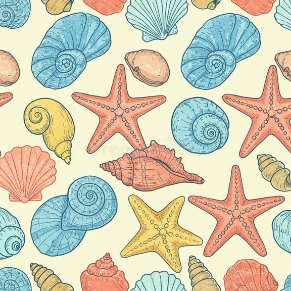 Seamless Pattern Featuring Various Sea Creatures and Shells. Starfish ...