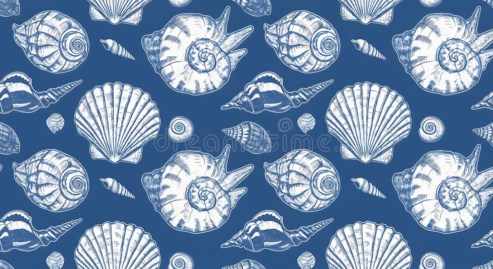 Seamless Pattern Featuring Various Seashell Illustrations, Including Conch, Scallop, and Stock ...