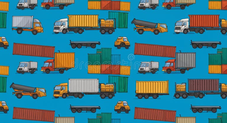 Seamless Pattern Featuring Various Trucks and Cargo Containers on a ...
