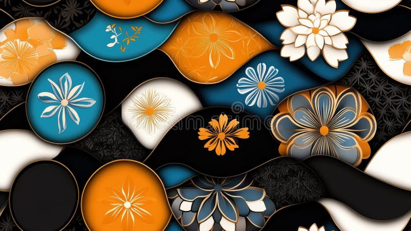 Seamless Pattern Featuring Vibrant Flowers in Blue, Orange, and White ...