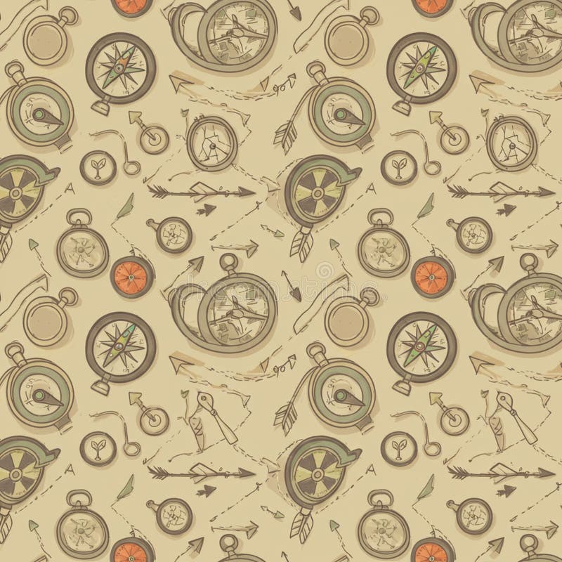 Seamless Pattern Featuring Vintage Compasses, Directional Arrows, and ...
