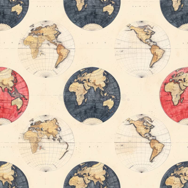 A Seamless Pattern Featuring Vintage-style World Maps in Red, Blue and ...