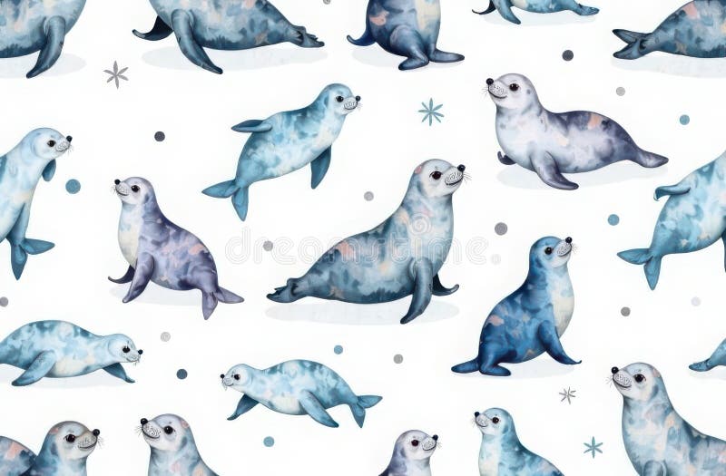 Seamless Watercolor Pattern with Seals on a White Background. Stock ...